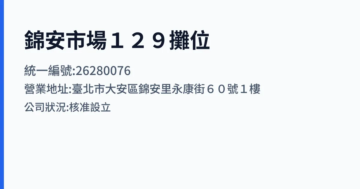錦安市場129攤位 - 統編 26280076(臺北市) 公司登記資料與營業項目詳細圖表