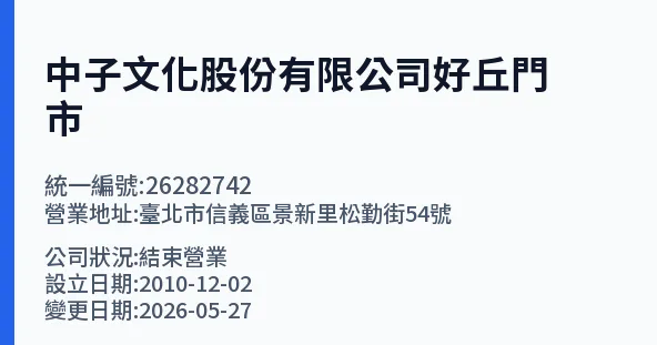 中子文化股份有限公司好丘門市的照片-統編 26282742(臺北市) 公司登記資料與營業項目詳細圖表