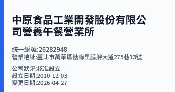 中原食品工業開發股份有限公司營養午餐營業所的照片-統編 26282948(臺北市) 公司登記資料與營業項目詳細圖表