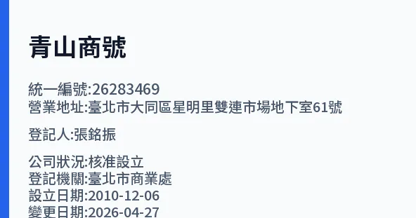 青山商號的照片-統編 26283469(臺北市) 公司登記資料與營業項目詳細圖表