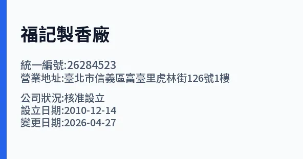 福記製香廠的照片-統編 26284523(臺北市) 公司登記資料與營業項目詳細圖表