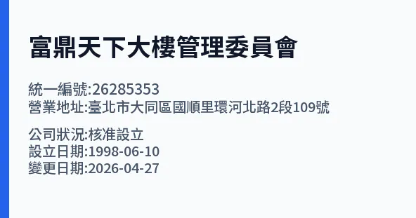 富鼎天下大樓管理委員會的照片-統編 26285353(臺北市) 公司登記資料與營業項目詳細圖表