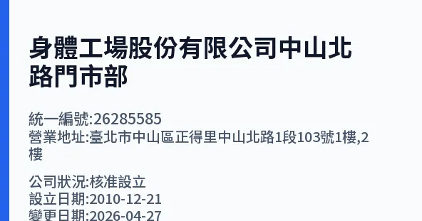 身體工場股份有限公司中山北路門市部的照片-統編 26285585(臺北市) 公司登記資料與營業項目詳細圖表