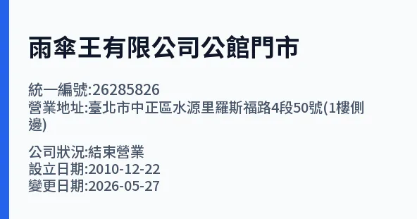 雨傘王有限公司公館門市的照片-統編 26285826(臺北市) 公司登記資料與營業項目詳細圖表