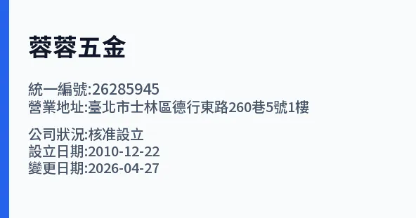 蓉蓉五金的照片-統編 26285945(臺北市) 公司登記資料與營業項目詳細圖表