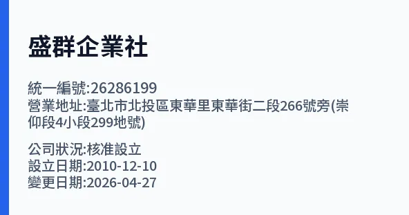 盛群企業社的照片-統編 26286199(臺北市) 公司登記資料與營業項目詳細圖表