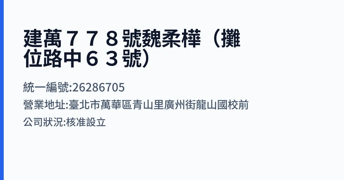 建萬778號魏柔樺(攤位路中63號) - 統編 26286705(臺北市) 公司登記資料與營業項目詳細圖表