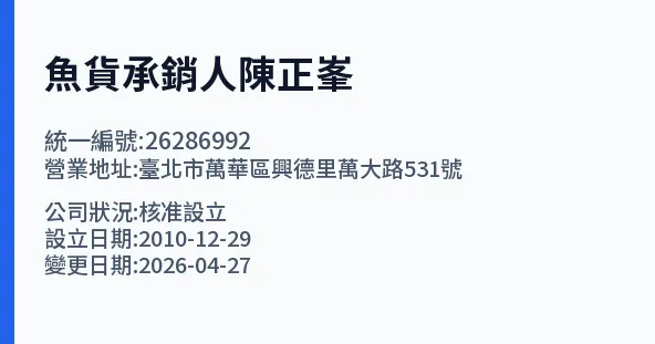 魚貨承銷人陳正峯的照片-統編 26286992(臺北市) 公司登記資料與營業項目詳細圖表