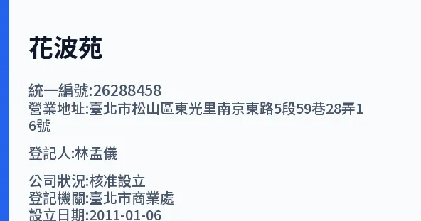 花波苑的照片-統編 26288458(臺北市) 公司登記資料與營業項目詳細圖表