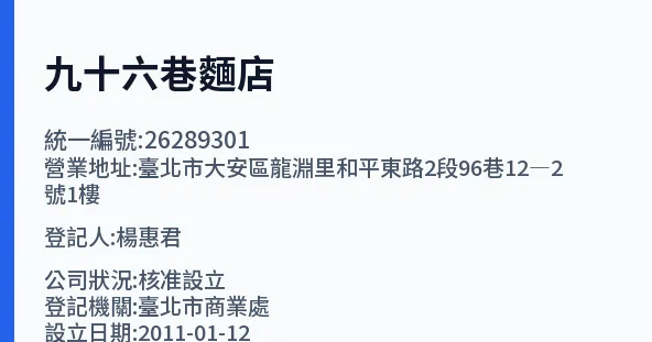 九十六巷麵店的照片-統編 26289301(臺北市) 公司登記資料與營業項目詳細圖表