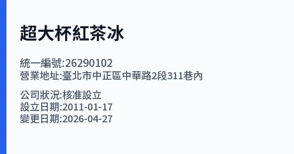超大杯紅茶冰的照片-統編 26290102(臺北市) 公司登記資料與營業項目詳細圖表