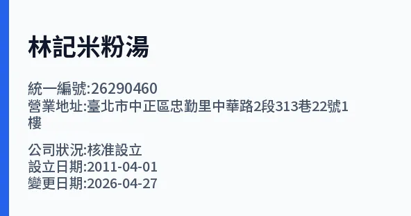 林記米粉湯的照片-統編 26290460(臺北市) 公司登記資料與營業項目詳細圖表