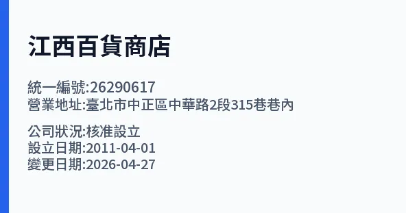 江西百貨商店的照片-統編 26290617(臺北市) 公司登記資料與營業項目詳細圖表