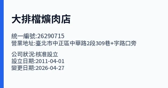 大排檔爌肉店的照片-統編 26290715(臺北市) 公司登記資料與營業項目詳細圖表