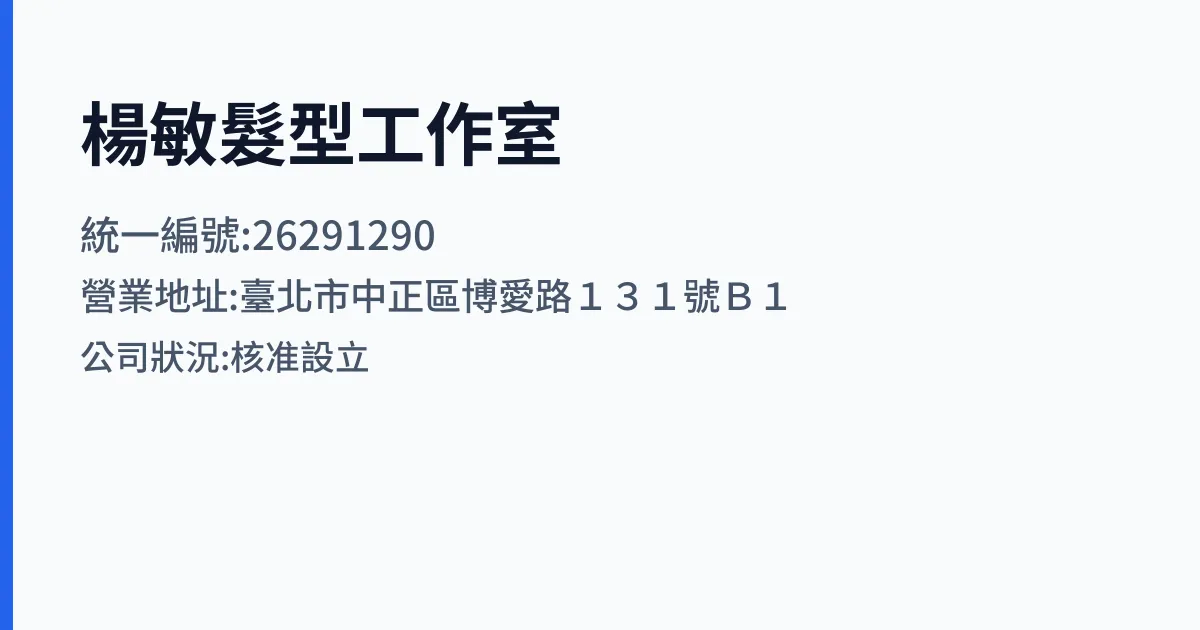 楊敏髮型工作室 - 統編 26291290(臺北市) 公司登記資料與營業項目詳細圖表