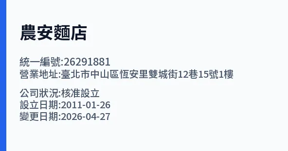農安麵店的照片-統編 26291881(臺北市) 公司登記資料與營業項目詳細圖表