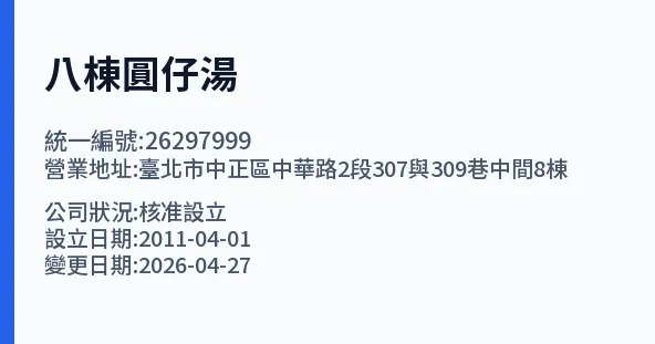 八棟圓仔湯的照片-統編 26297999(臺北市) 公司登記資料與營業項目詳細圖表