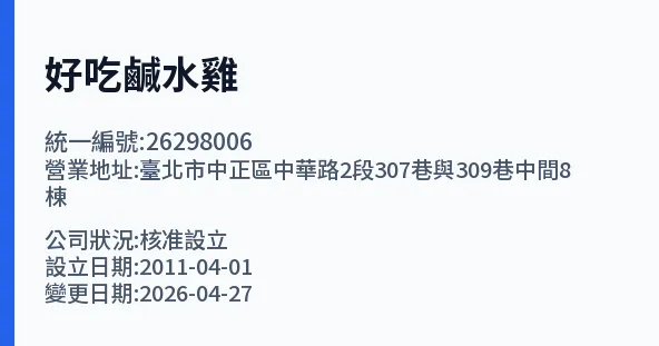 好吃鹹水雞的照片-統編 26298006(臺北市) 公司登記資料與營業項目詳細圖表