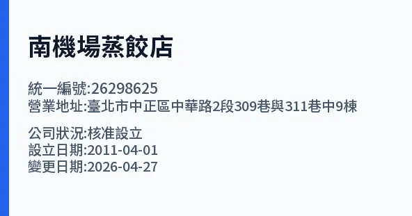 南機場蒸餃店的照片-統編 26298625(臺北市) 公司登記資料與營業項目詳細圖表