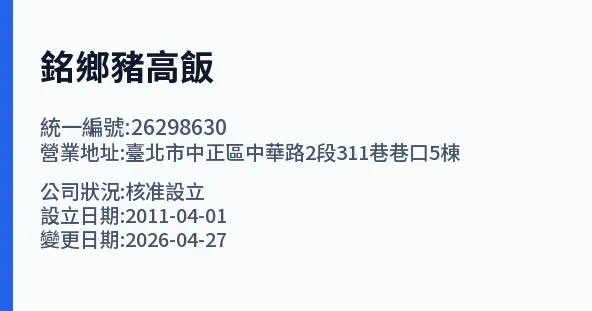 銘鄉豬高飯的照片-統編 26298630(臺北市) 公司登記資料與營業項目詳細圖表