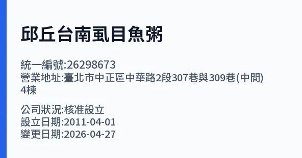 邱丘台南虱目魚粥的照片-統編 26298673(臺北市) 公司登記資料與營業項目詳細圖表