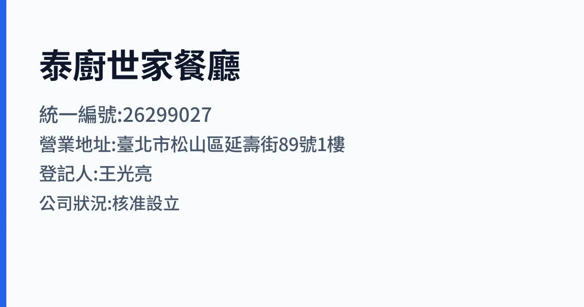 泰廚世家餐廳 - 統編 26299027(臺北市) 公司登記資料與營業項目詳細圖表