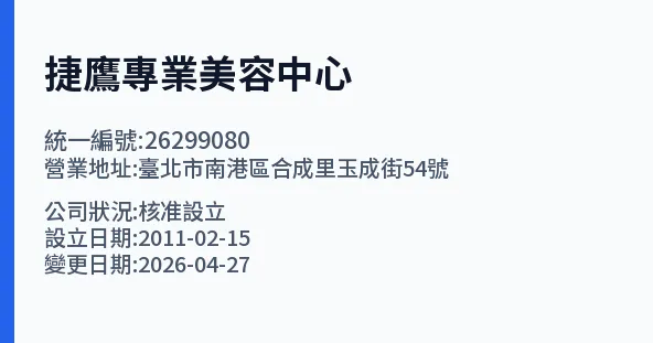 捷鷹專業美容中心的照片-統編 26299080(臺北市) 公司登記資料與營業項目詳細圖表
