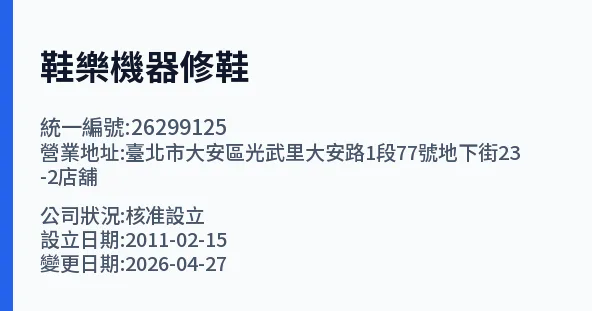 鞋樂機器修鞋的照片-統編 26299125(臺北市) 公司登記資料與營業項目詳細圖表