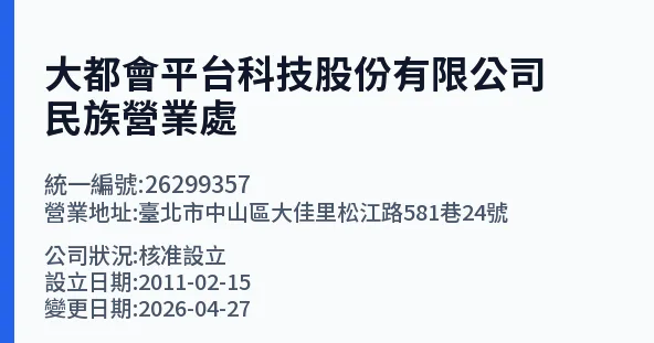 大都會平台科技股份有限公司民族營業處的照片-統編 26299357(臺北市) 公司登記資料與營業項目詳細圖表