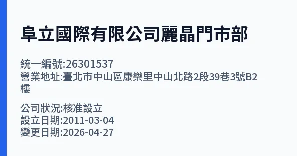 阜立國際有限公司麗晶門市部的照片-統編 26301537(臺北市) 公司登記資料與營業項目詳細圖表