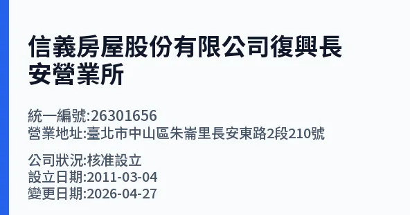 信義房屋股份有限公司復興長安營業所的照片-統編 26301656(臺北市) 公司登記資料與營業項目詳細圖表