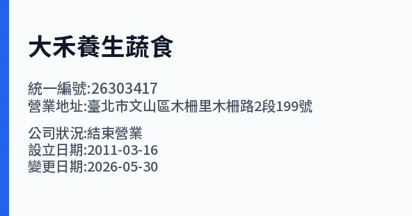 大禾養生蔬食的照片-統編 26303417(臺北市) 公司登記資料與營業項目詳細圖表
