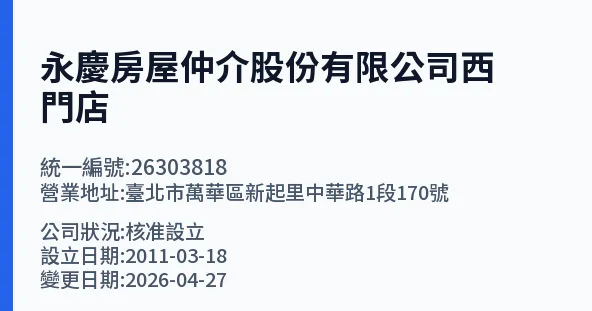 永慶房屋仲介股份有限公司西門店的照片-統編 26303818(臺北市) 公司登記資料與營業項目詳細圖表