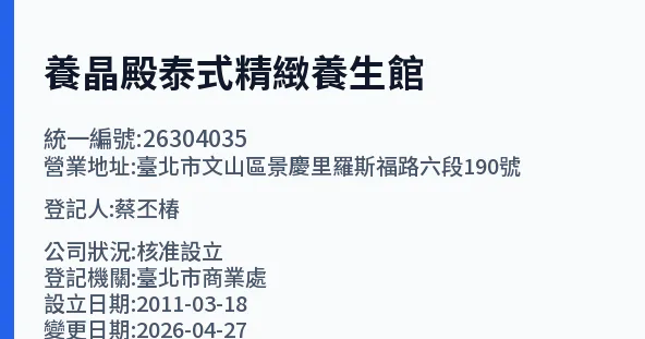 養晶殿泰式精緻養生館的照片-統編 26304035(臺北市) 公司登記資料與營業項目詳細圖表