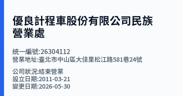 優良計程車股份有限公司民族營業處的照片-統編 26304112(臺北市) 公司登記資料與營業項目詳細圖表
