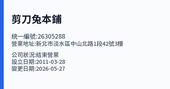 剪刀兔本鋪的照片-統編 26305288(新北市) 公司登記資料與營業項目詳細圖表