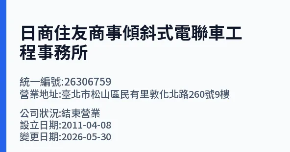 日商住友商事傾斜式電聯車工程事務所的照片-統編 26306759(臺北市) 公司登記資料與營業項目詳細圖表
