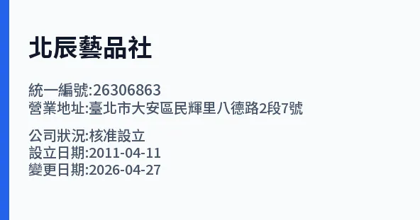 北辰藝品社的照片-統編 26306863(臺北市) 公司登記資料與營業項目詳細圖表