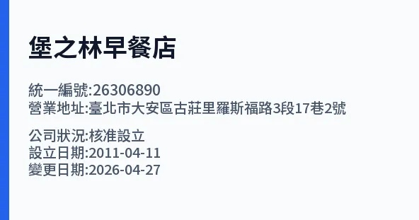 堡之林早餐店的照片-統編 26306890(臺北市) 公司登記資料與營業項目詳細圖表