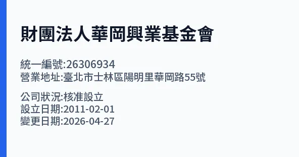 財團法人華岡興業基金會的照片-統編 26306934(臺北市) 公司登記資料與營業項目詳細圖表