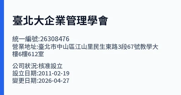 臺北大企業管理學會的照片-統編 26308476(臺北市) 公司登記資料與營業項目詳細圖表