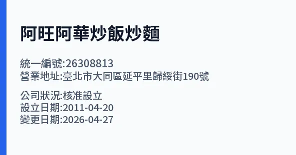 阿旺阿華炒飯炒麵的照片-統編 26308813(臺北市) 公司登記資料與營業項目詳細圖表