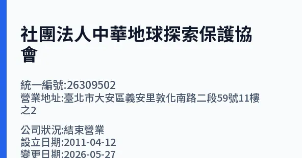 社團法人中華地球探索保護協會的照片-統編 26309502(臺北市) 公司登記資料與營業項目詳細圖表