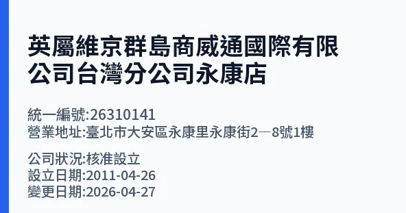英屬維京群島商威通國際有限公司台灣分公司永康店的照片-統編 26310141(臺北市) 公司登記資料與營業項目詳細圖表
