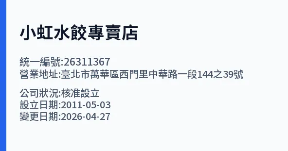 小虹水餃專賣店的照片-統編 26311367(臺北市) 公司登記資料與營業項目詳細圖表