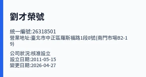 劉才榮號的照片-統編 26318501(臺北市) 公司登記資料與營業項目詳細圖表