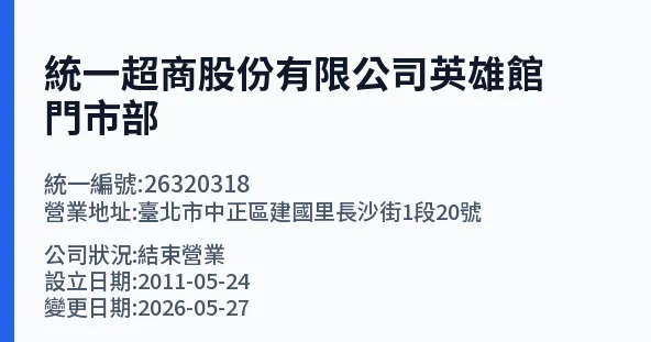 統一超商股份有限公司英雄館門市部的照片-統編 26320318(臺北市) 公司登記資料與營業項目詳細圖表