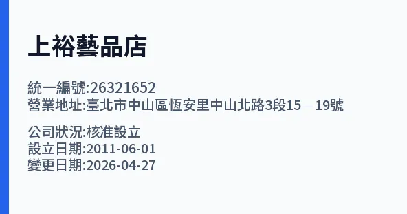 上裕藝品店的照片-統編 26321652(臺北市) 公司登記資料與營業項目詳細圖表