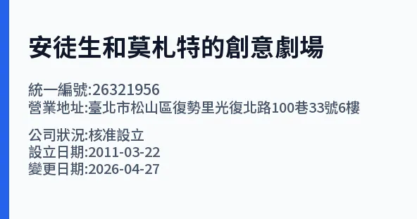 安徒生和莫札特的創意劇場的照片-統編 26321956(臺北市) 公司登記資料與營業項目詳細圖表