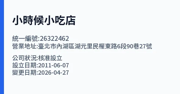 小時候小吃店的照片-統編 26322462(臺北市) 公司登記資料與營業項目詳細圖表